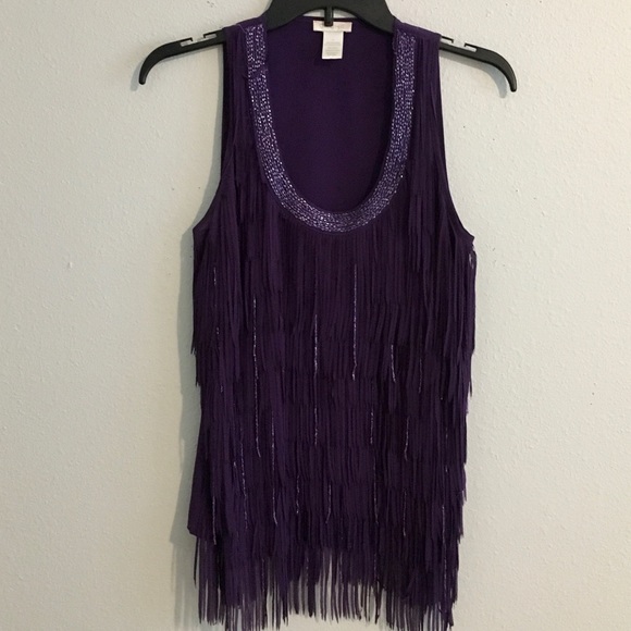 Cache | Tops | Cache Xs Fringe And Beaded Tank Purple | Poshmark